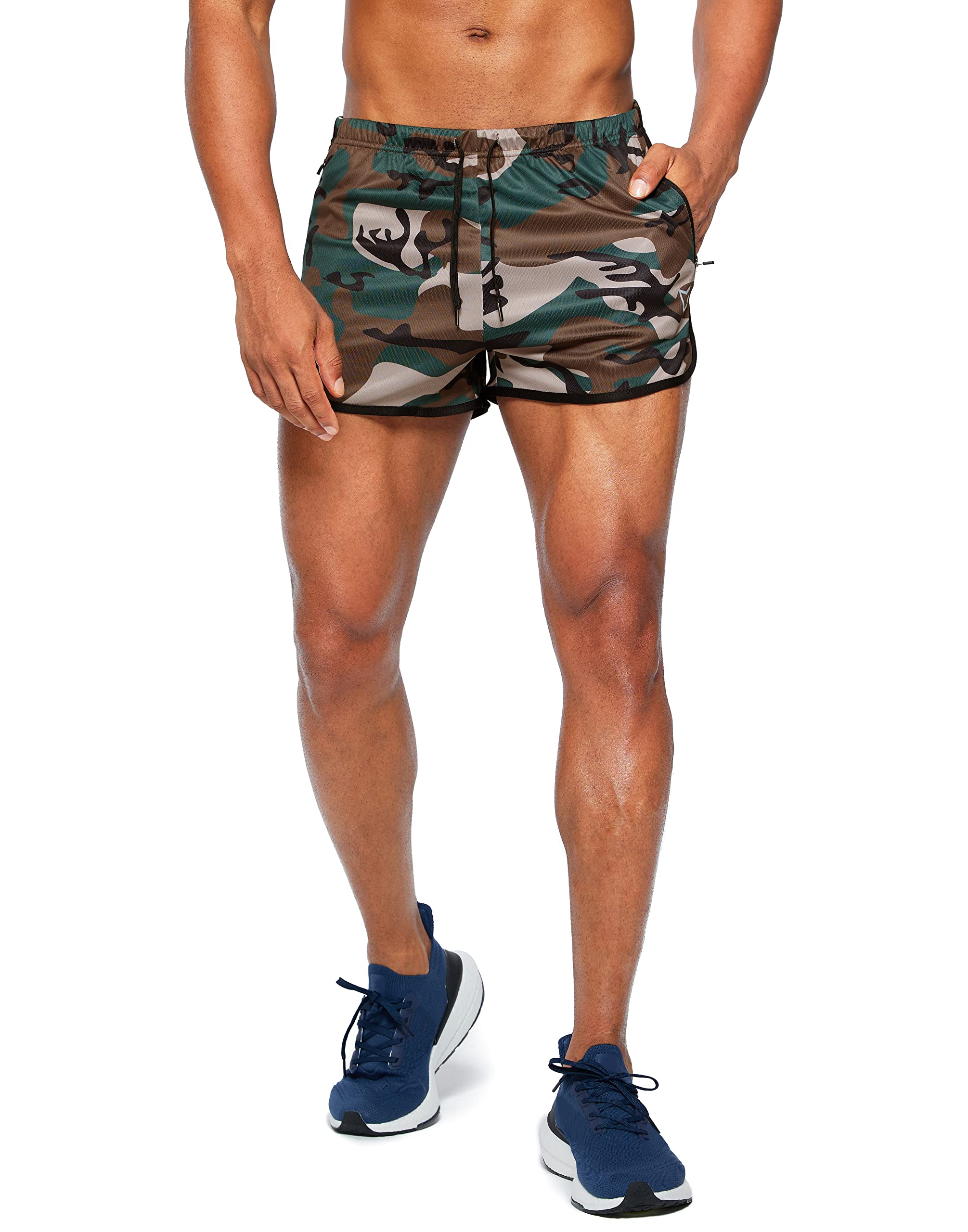 G Gradual Men's Running Shorts 3 Inch Quick Dry Gym Athletic Jogging Shorts with Zipper Pockets (Green Camo, Medium)