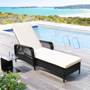 outdoor patio pool pe rattan wicker chair wicker sun lounger, adjustable backrest, beige cushion, black wiker (1)