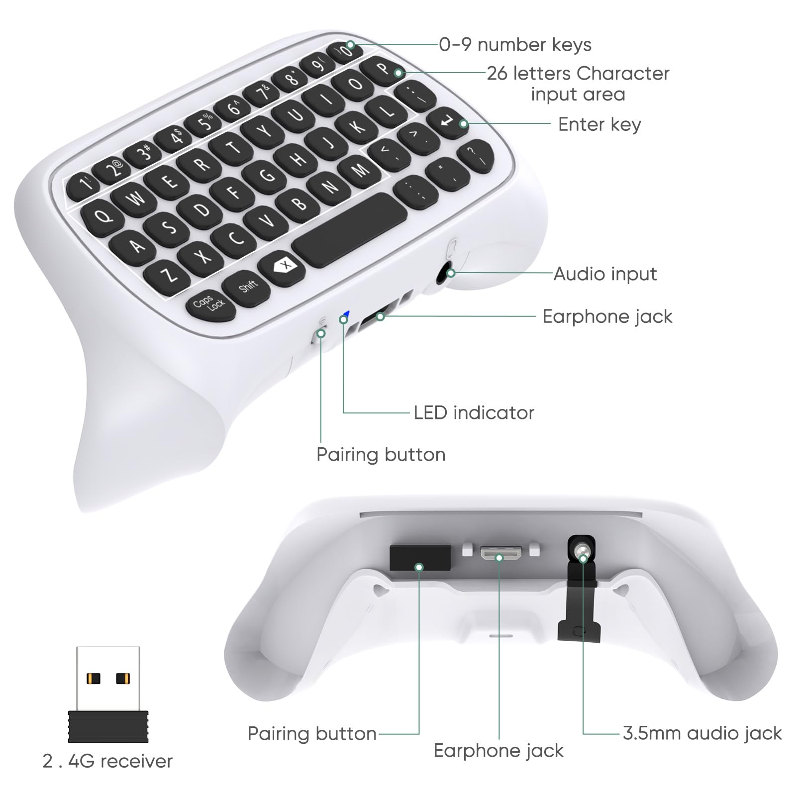 Controller Keyboard for Xbox Series X/S, Wireless 2.4G Ergonomic USB Gamepad Keypad QWERTY Chatpad with Audio and Headset Jack for Game Live Chat Compatiable with Xbox Series S/Series X/One/One S