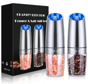 gravity electric pepper and salt grinder set, salt and pepper mill & adjustable coarseness, battery powered with led light, one hand automatic operation, stainless steel (set/silver)