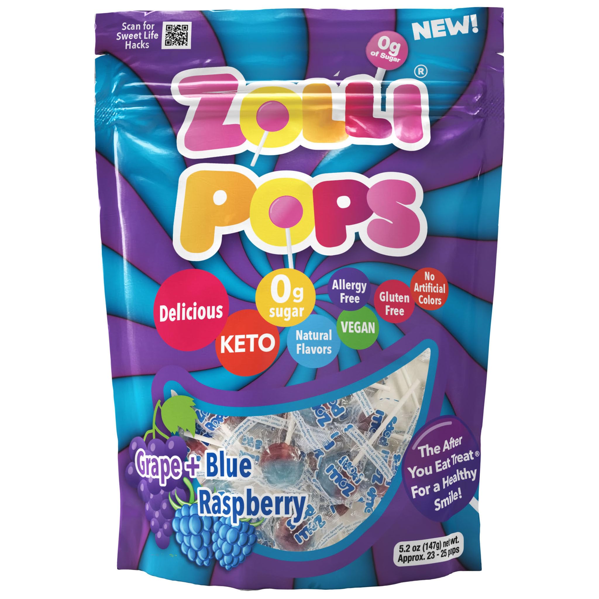 Zollipops Blue Raspberry-Grape Duo Pops - Sugar-Free, Allergy-Free, Vegan, KETO & Diabetic Friendly, Clean Teeth Candy, Blue-Purple - A Burst of Blue Raspberry and Grape Delight