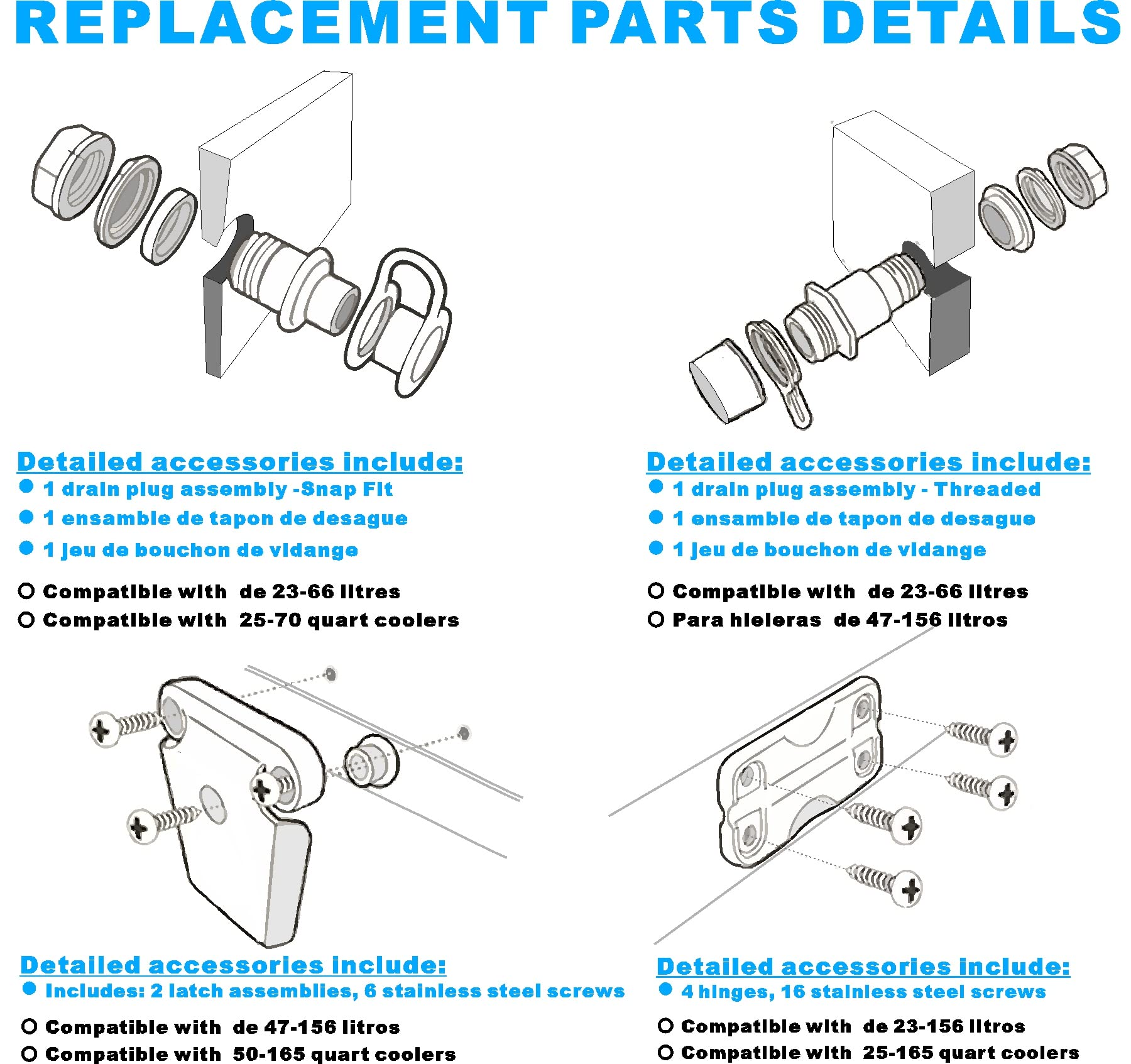 Cooler Replacement Parts Kit, Ice Chest Plastic Hinges, Latch Posts, and Screws, Threaded, and Triple-Snap Drain Plug. The best option for repairing and replacing multiple cooler parts.