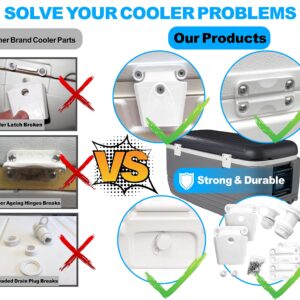 Cooler Replacement Parts Kit, Ice Chest Plastic Hinges, Latch Posts, and Screws, Threaded, and Triple-Snap Drain Plug. The best option for repairing and replacing multiple cooler parts.