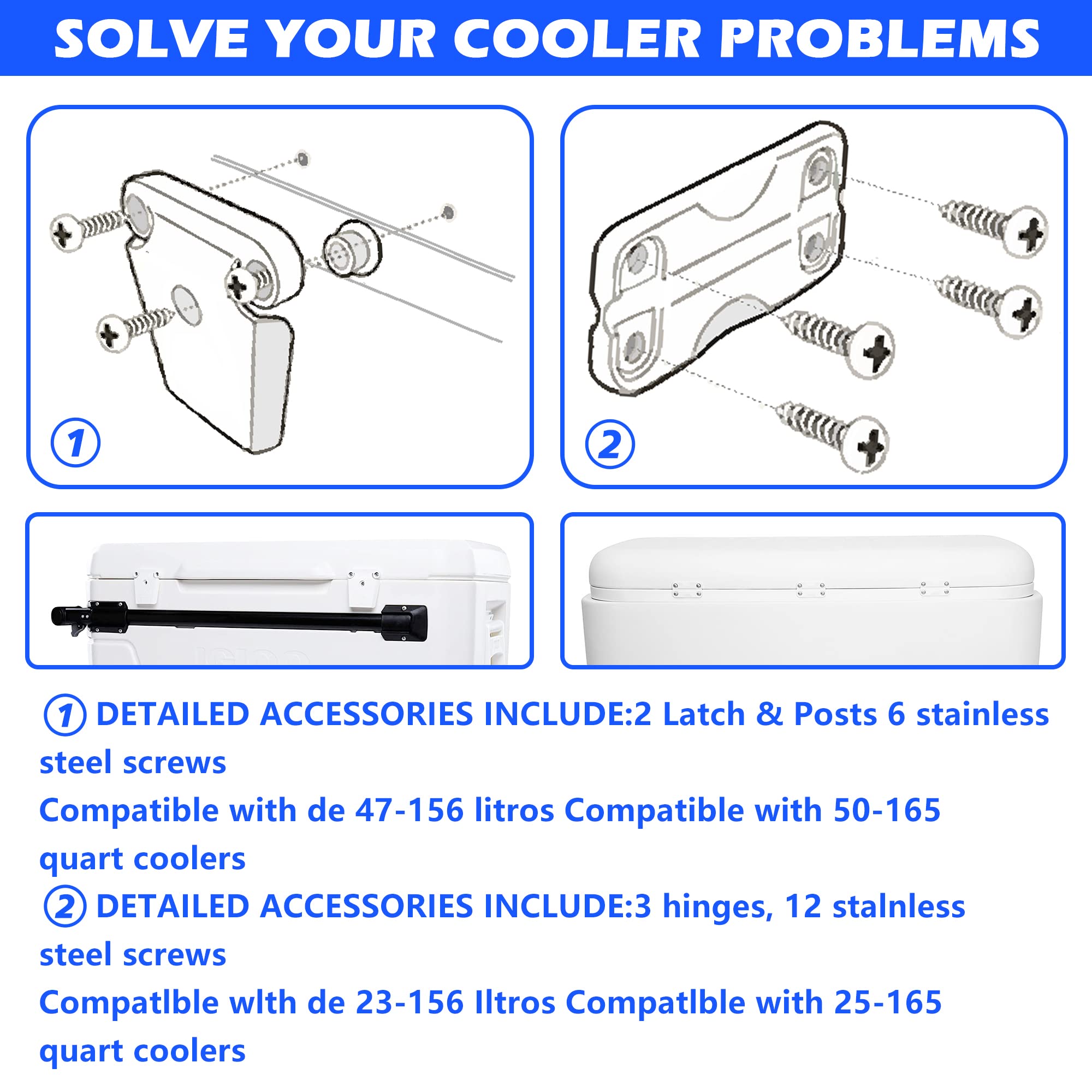 Cooler Hinge and Latch and Screws Kit, High Strength Cooler Latch Replacement Parts. Ice Chest Plastic Hinges, Latch Posts, and Screws, The Best Option for Repairing and Replacing Cooler Parts.