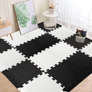 DEAYOU 16 Tiles Foam Mat, EVA Foam Mat, Soft Exercise Mats for Fitness, Play, Gym, 12" x 12", Black and White