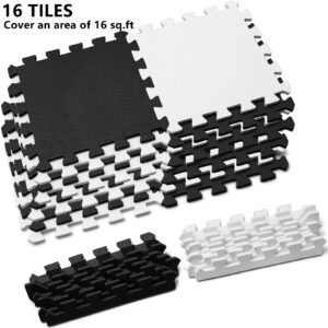 DEAYOU 16 Tiles Foam Mat, EVA Foam Mat, Soft Exercise Mats for Fitness, Play, Gym, 12" x 12", Black and White