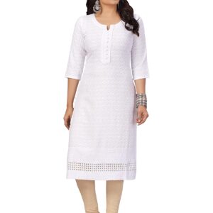 ladyline Rayon Hakoba Chikhan Embroidery & Sequins work Kurti for Womens Tunic Top Indian Kurta (White, Size-46)