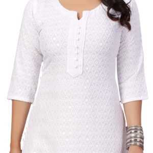 ladyline Rayon Hakoba Chikhan Embroidery & Sequins work Kurti for Womens Tunic Top Indian Kurta (White, Size-46)