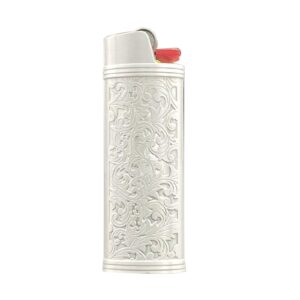 lucklybestseller metal lighter case cover holder vintage floral stamped for bic full size lighter j6 (white gold)