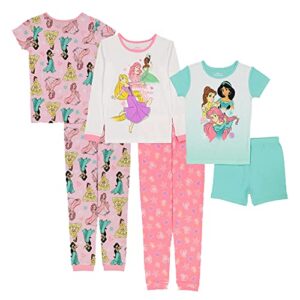 disney girls' princess 6-piece snug-fit cotton pajamas set, dream big, 6