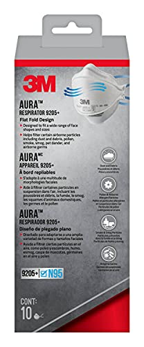 3M Aura Particulate Respirator 9205+ N95, Lightweight, Three Panel Designed Respirator Helps Provide Comfortable And Convenient Respiratory Protection, 10-Pack