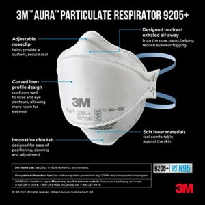 3M Aura Particulate Respirator 9205+ N95, Lightweight, Three Panel Designed Respirator Helps Provide Comfortable And Convenient Respiratory Protection, 10-Pack