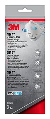 3M Aura Particulate Respirator 9205+ N95, Lightweight, 3 Panel Designed Helps Provide Comfortable and Convenient Respiratory Protection, 3-Pack