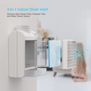 FUNMAS 3-in-1 Indoor Dryer Vent, Stainless Steel Screen Filter, Polyester Filter and Water Drawer System, Upgrade Safety Vent Flap, with 4 Pieces Polyester Filters, For Electric Clothes Dryers