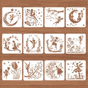 BENECREAT 12PCS Plastic Drawing Templates 12x12 Inches Angel & Fairy Moon Flowers Pattern Painting Template Stencil for Scrabooking Card Making, DIY Wall Floor Decoration