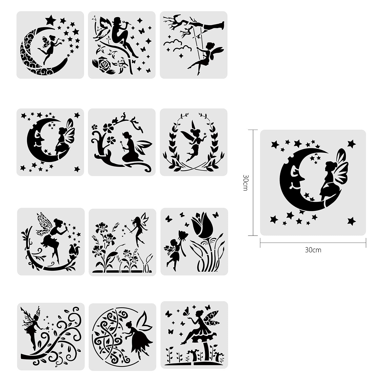 BENECREAT 12PCS Plastic Drawing Templates 12x12 Inches Angel & Fairy Moon Flowers Pattern Painting Template Stencil for Scrabooking Card Making, DIY Wall Floor Decoration