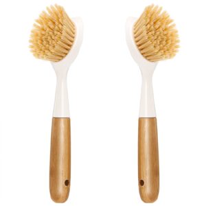 2 pack kitchen dish brush bamboo handle dish scrubber built-in scraper, scrub brush for pans, pots, kitchen sink cleaning, dishwashing and cleaning brushes are perfect cleaning tools, white