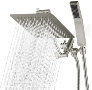 g-promise all metal 8" dual square shower head combo | rain shower head | handheld shower wand | adjustable | smooth 3-way diverter | 71" extra long hose - a bathroom upgrade (brushed nickel)