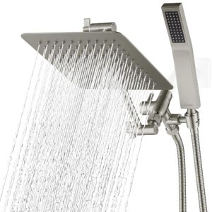 G-Promise All Metal 8" Dual Square Shower Head Combo | Rain Shower Head | Handheld Shower Wand | Adjustable | Smooth 3-Way Diverter | 71" Extra Long Hose - A Bathroom Upgrade (Brushed Nickel)