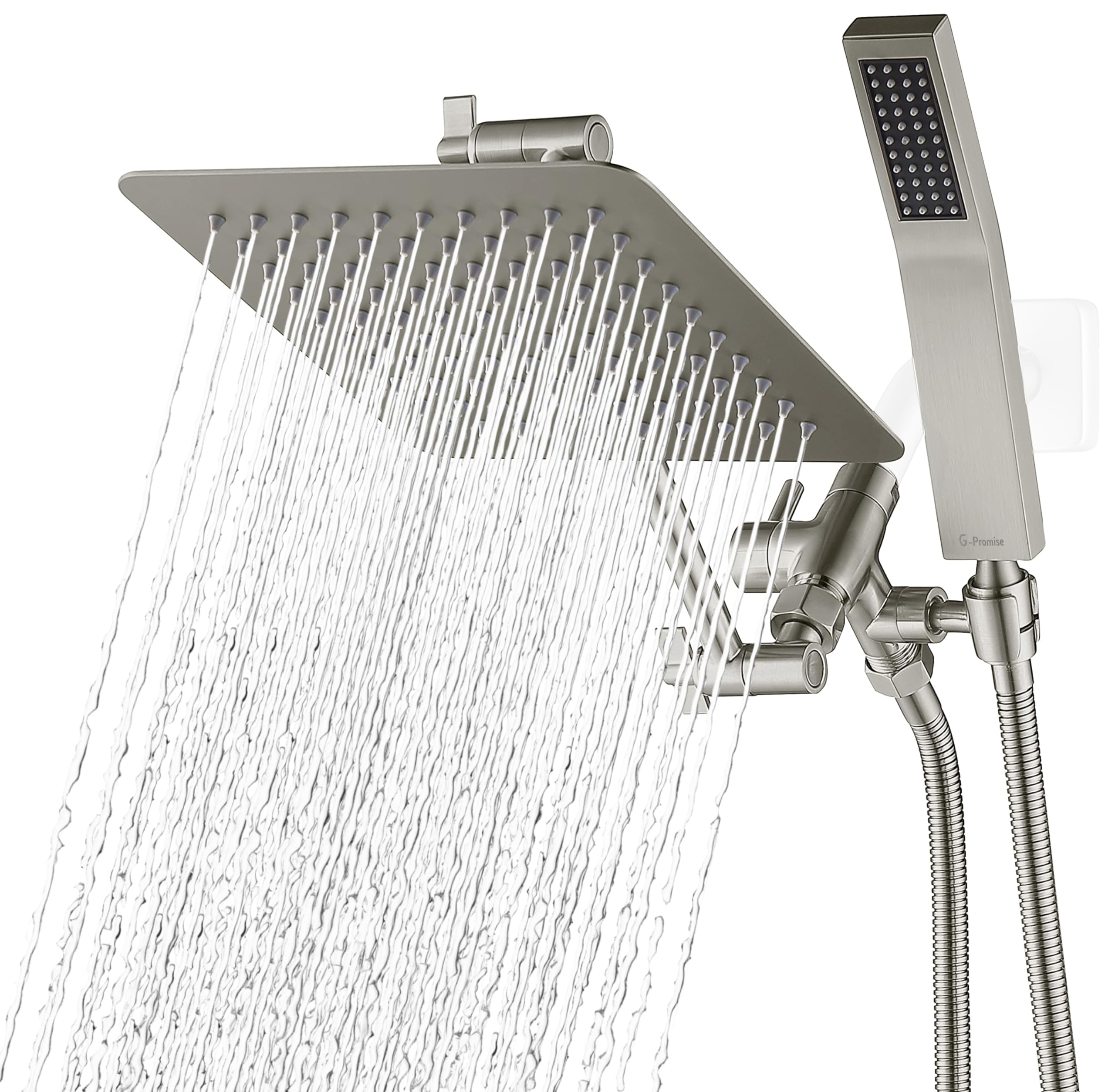 G-Promise All Metal 8" Dual Square Shower Head Combo | Rain Shower Head | Handheld Shower Wand | Adjustable | Smooth 3-Way Diverter | 71" Extra Long Hose - A Bathroom Upgrade (Brushed Nickel)