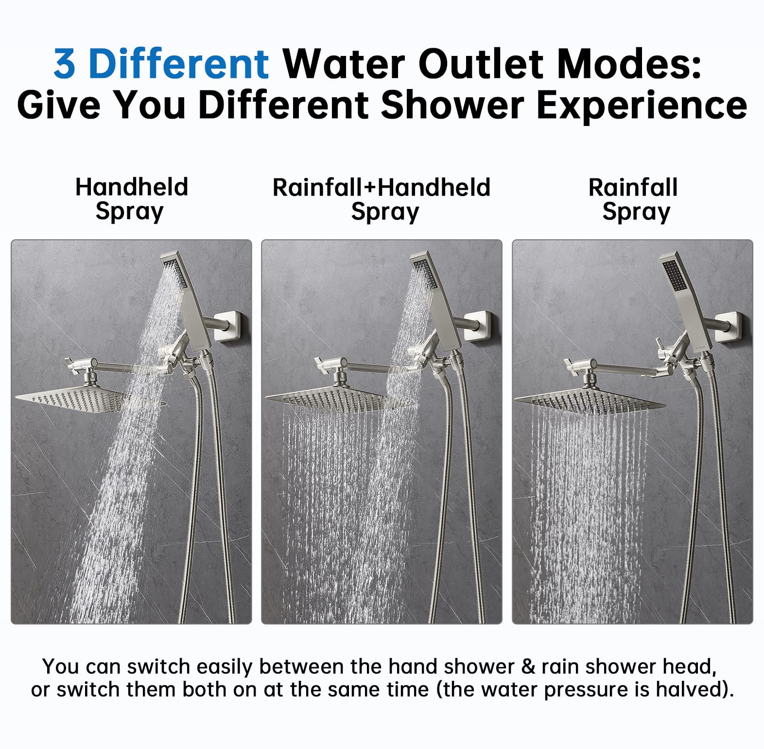 G-Promise All Metal 8" Dual Square Shower Head Combo | Rain Shower Head | Handheld Shower Wand | Adjustable | Smooth 3-Way Diverter | 71" Extra Long Hose - A Bathroom Upgrade (Brushed Nickel)