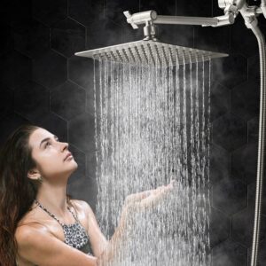 G-Promise All Metal 8" Dual Square Shower Head Combo | Rain Shower Head | Handheld Shower Wand | Adjustable | Smooth 3-Way Diverter | 71" Extra Long Hose - A Bathroom Upgrade (Brushed Nickel)