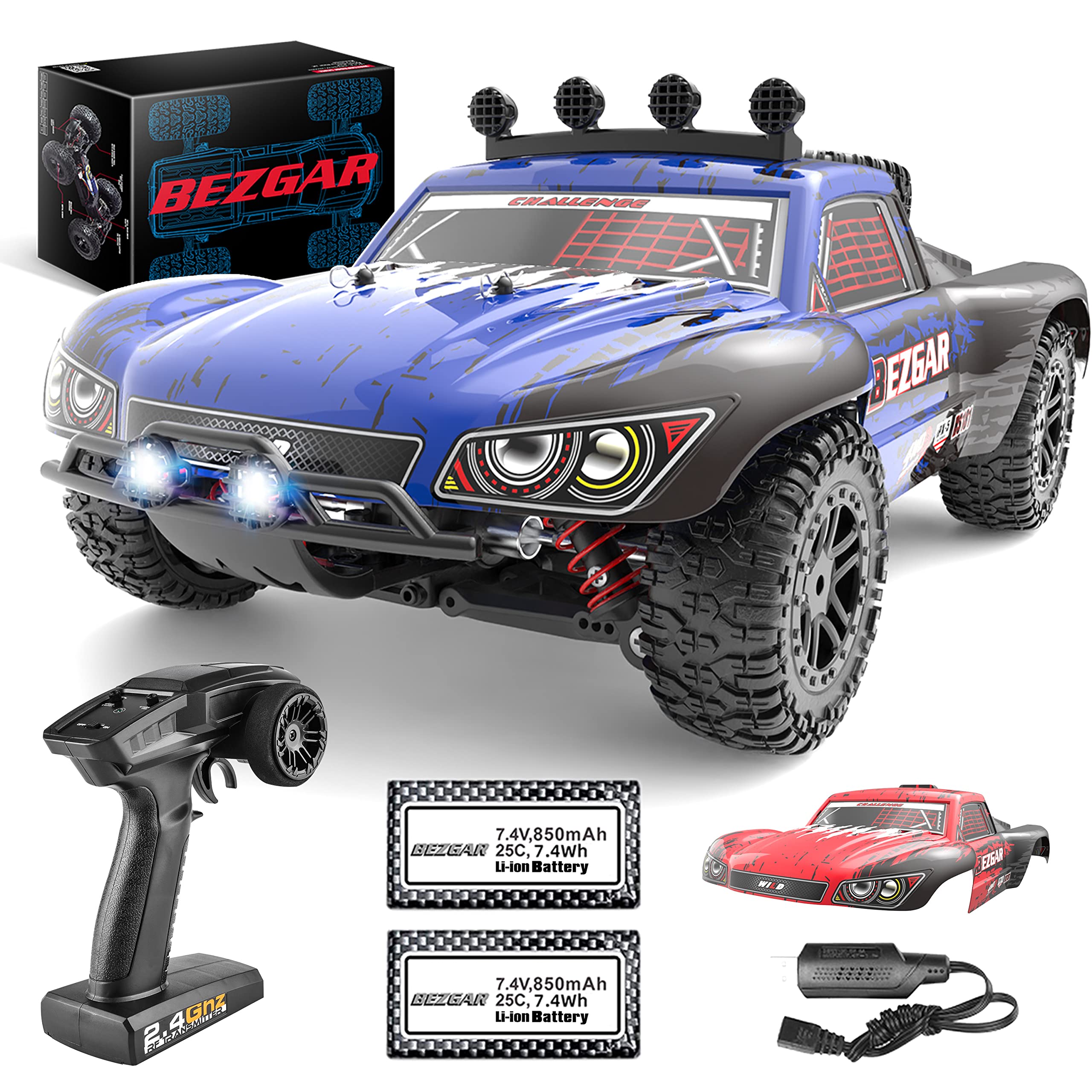 BEZGAR HS181 Hobby Grade 1:18 Scale Remote Control Trucks-4WD Top Speed 35 Km/h All Terrains Off Road Short Course Rc Truck,Waterproof RC Car with 2 Rechargeable Batteries for Kids and Adults