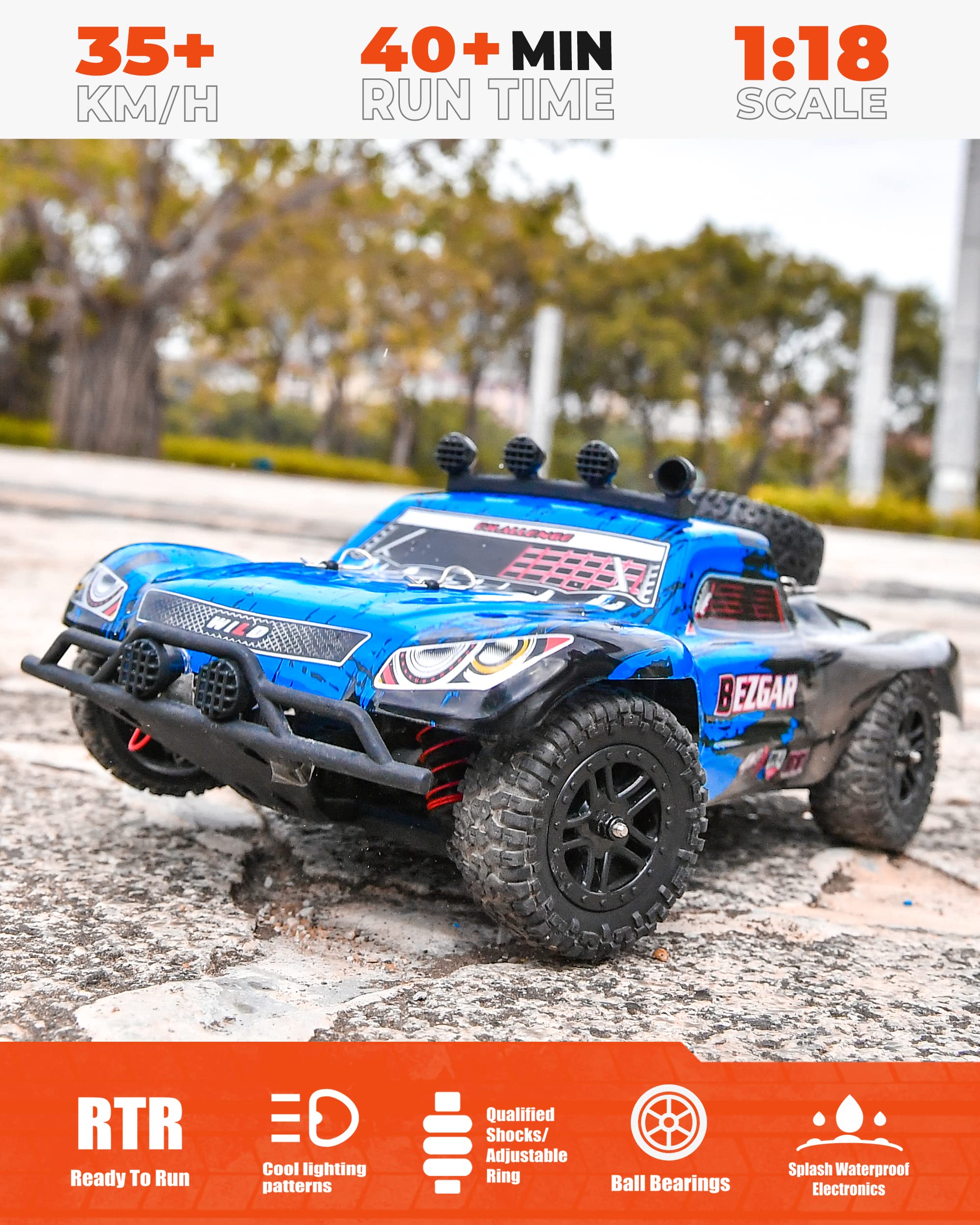 BEZGAR HS181 Hobby Grade 1:18 Scale Remote Control Trucks-4WD Top Speed 35 Km/h All Terrains Off Road Short Course Rc Truck,Waterproof RC Car with 2 Rechargeable Batteries for Kids and Adults