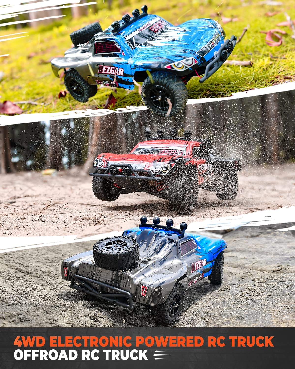 BEZGAR HS181 Hobby Grade 1:18 Scale Remote Control Trucks-4WD Top Speed 35 Km/h All Terrains Off Road Short Course Rc Truck,Waterproof RC Car with 2 Rechargeable Batteries for Kids and Adults