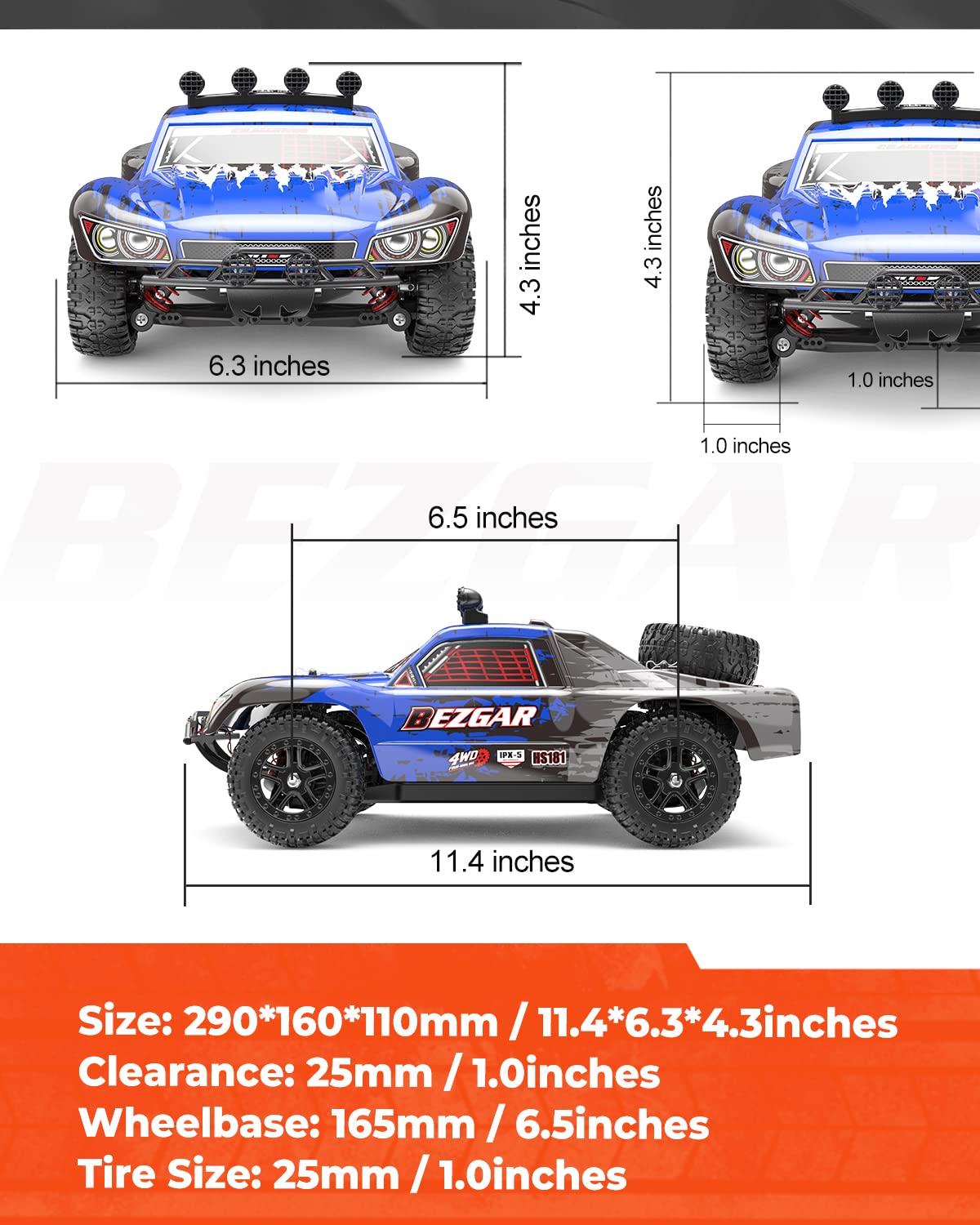 BEZGAR HS181 Hobby Grade 1:18 Scale Remote Control Trucks-4WD Top Speed 35 Km/h All Terrains Off Road Short Course Rc Truck,Waterproof RC Car with 2 Rechargeable Batteries for Kids and Adults