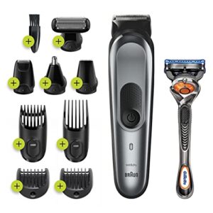 braun hair clippers for men, mgk7221 10-in-1 body grooming kit, beard, ear and nose trimmer, body groomer and hair clipper, black/silver