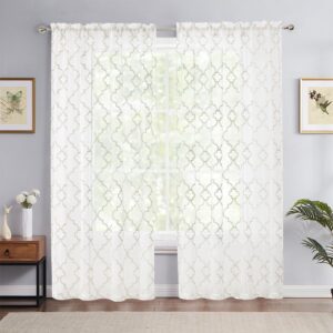 urban lotus moroccan semi sheer curtains 52 x 95 inch long elegant beige geometric lattice embroidered curtains for bedroom living room white linen textured sheer window draperies, rod pocket, 1 pair