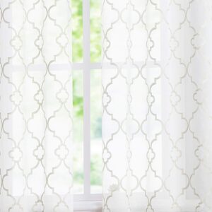 Urban Lotus Moroccan Semi Sheer Curtains 52 x 95 Inch Long Elegant Beige Geometric Lattice Embroidered Curtains for Bedroom Living Room White Linen Textured Sheer Window Draperies, Rod Pocket, 1 Pair