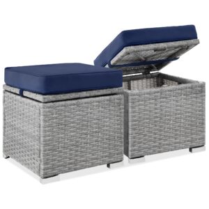 best choice products set of 2 wicker ottomans, multipurpose outdoor furniture for patio, backyard, additional seating, footrest, side table w/storage, removable cushions - gray/navy