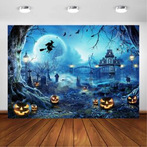 avezano halloween photography backdrop full moon scary night castle pumpkins party background spooky witch bats cemetery child kids halloween party decorations photoshoot backdrops (10x7ft, blue)