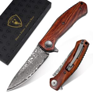 aubey damascus folding pocket knife handmade with clip for men, damascus hunting knife edc knife with liner lock for outdoor survival camping collection, wooden handle