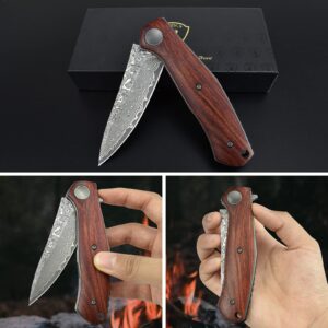 AUBEY Damascus Folding Pocket Knife Handmade with Clip for Men, Damascus Hunting Knife EDC Knife with Liner Lock for Outdoor Survival Camping Collection, Wooden Handle