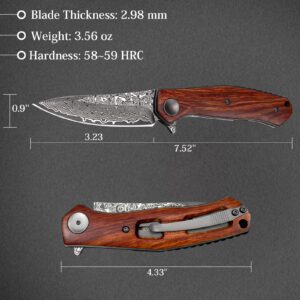 AUBEY Damascus Folding Pocket Knife Handmade with Clip for Men, Damascus Hunting Knife EDC Knife with Liner Lock for Outdoor Survival Camping Collection, Wooden Handle