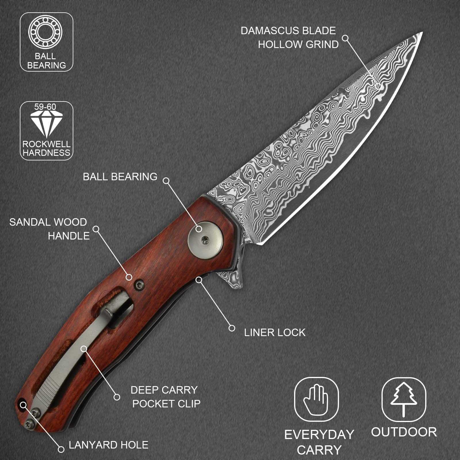 AUBEY Damascus Folding Pocket Knife Handmade with Clip for Men, Damascus Hunting Knife EDC Knife with Liner Lock for Outdoor Survival Camping Collection, Wooden Handle