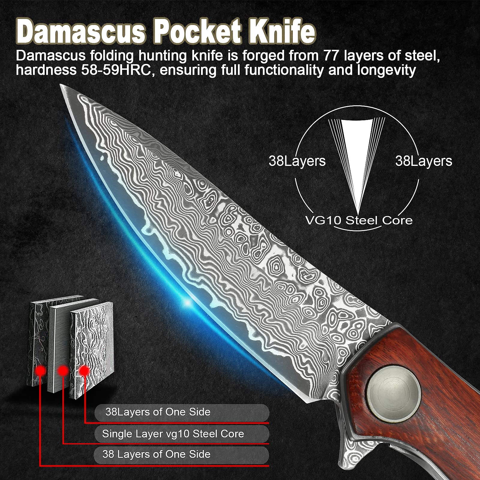 AUBEY Damascus Folding Pocket Knife Handmade with Clip for Men, Damascus Hunting Knife EDC Knife with Liner Lock for Outdoor Survival Camping Collection, Wooden Handle