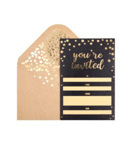 chriz.z invitation cards - 50-count 4" x 6" black invitation cards ‘’you are invited’’ in gold foil with 52 gold confetti foil kraft envelopes – for wedding, bridal shower, baby shower, birthday