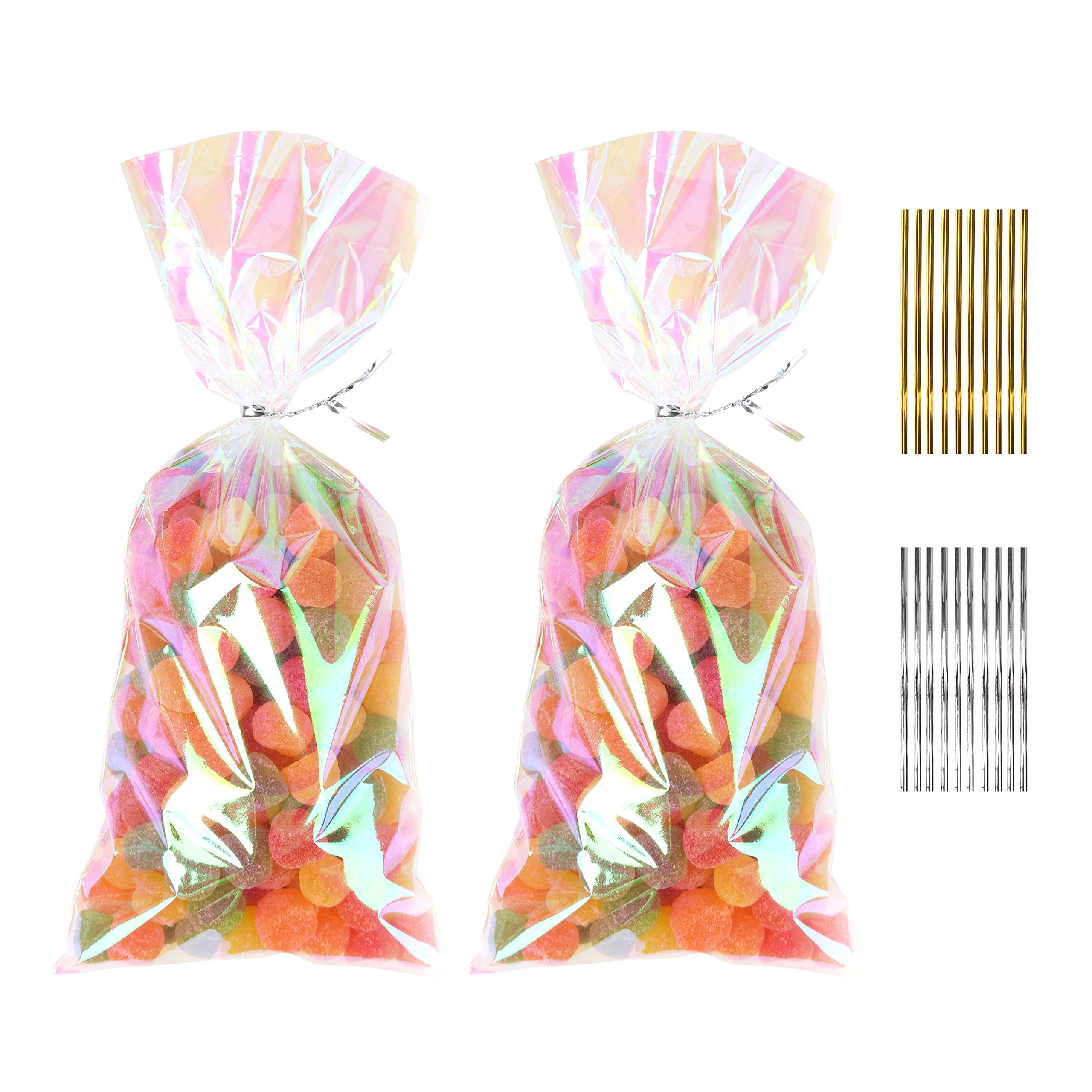 QTOP Cellophane Treat Bags,Iridescent Holographic Goodie Bags, Clear Cello Bags with Twist Ties for Birthday Party Favors, Valentines, Easter, Weddings