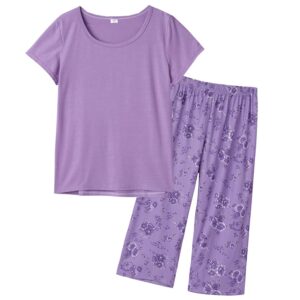 yijiu women's pajama set crewneck short sleeve top with capri pants sleepwear soft pjs lounge sets,purple,large