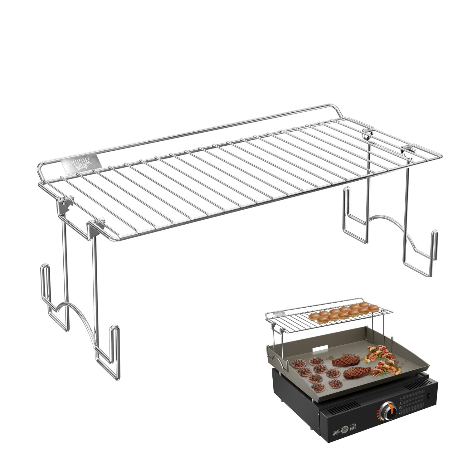 Yukon Glory™ Griddle Warming Rack, Designed for 17" Blackstone Griddles, One-Step Clip On Attachment, Portable and Collapsible