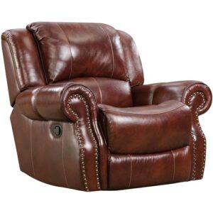 hanover aspen rocker recliner chair, 100% genuine leather deep-seating rocker for living room, family room, den, or man cave, space saving cushioned rustic armchair, oxblood