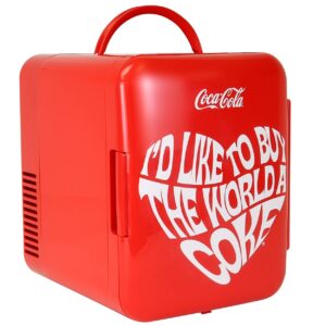 coca cola world 1971 series portable 6 can thermoelectric mini fridge cooler/warmer, 4 l/4.2 quarts capacity, 12v dc/240v ac for home, dorm, car, boat, beverages, snacks, skincare, cosmetics