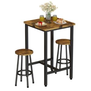 recaceik 3 piece pub dining set, modern bar table and stools for 2 kitchen counter height wood top bistro easy assemble for breakfast nook living room small space restaurant, rustic brown 24”