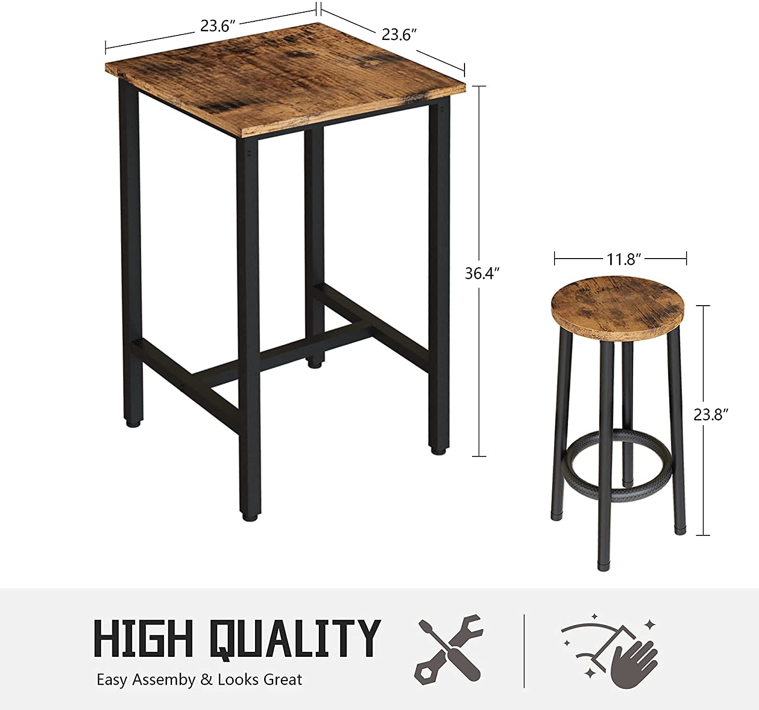 Recaceik 3 Piece Pub Dining Set, Modern bar Table and Stools for 2 Kitchen Counter Height Wood Top Bistro Easy Assemble for Breakfast Nook Living Room Small Space Restaurant, Rustic Brown 24”