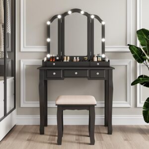 makeup vanity with lights tri-folding mirror,vanity desk with mirror and lights,5 drawers,vanity with lighted mirror makeup vanity table set (black)