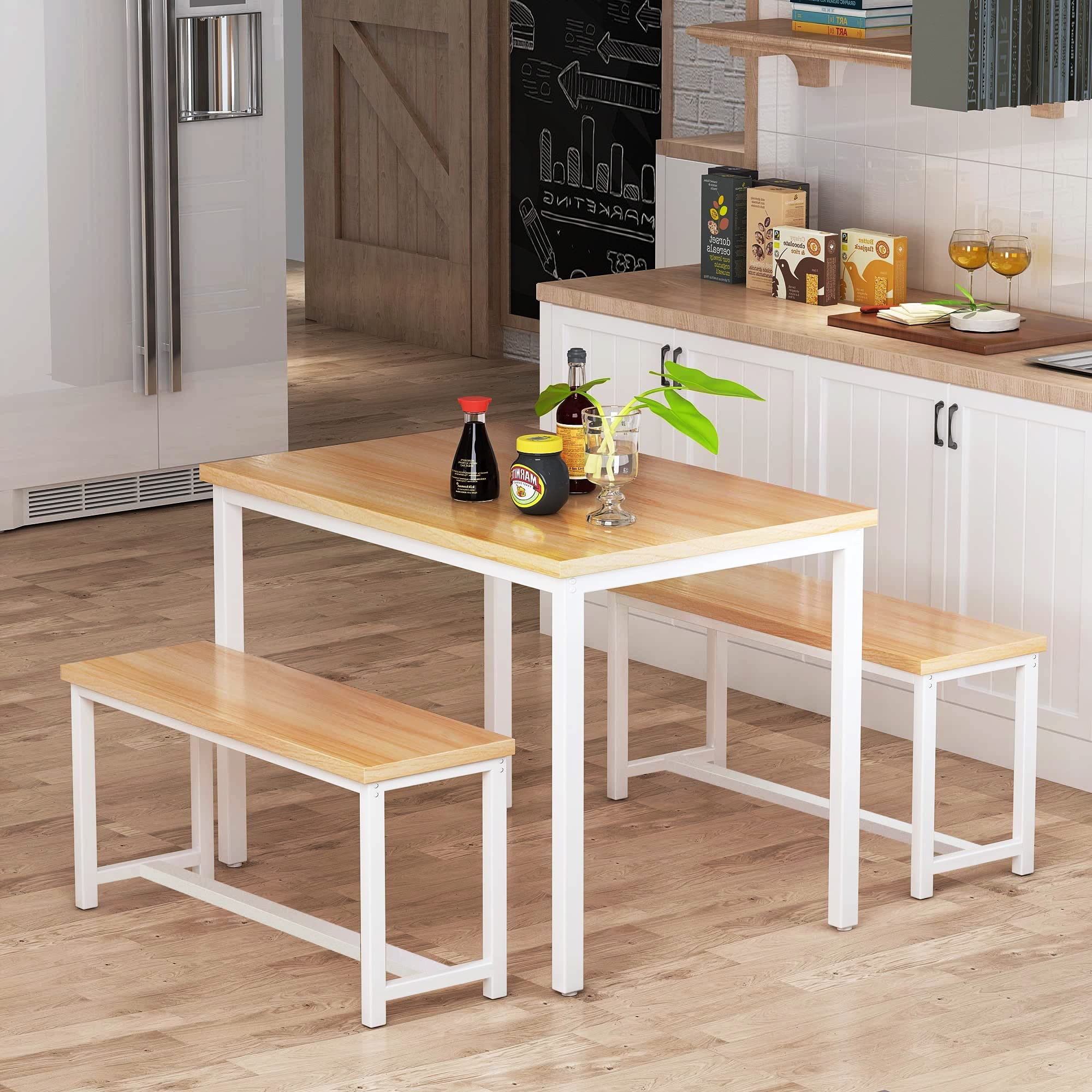 AWQM Dining Room Table Set, Kitchen Table Set with 2 Benches, Ideal for Home, Kitchen and Dining Room, Breakfast Table of 47.2x28.7x28.7 inches, Benches of 41.3x11.8x17.7 inches, Beige